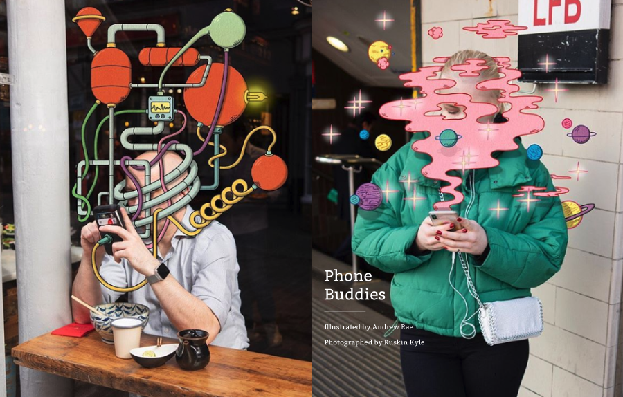超現實的諷刺創作！英國插畫家 Andrew Rae 攜手攝影師 sRuskin Kyle，描繪手機如何吃掉我們的思想 | FLiPER - 生活藝文誌